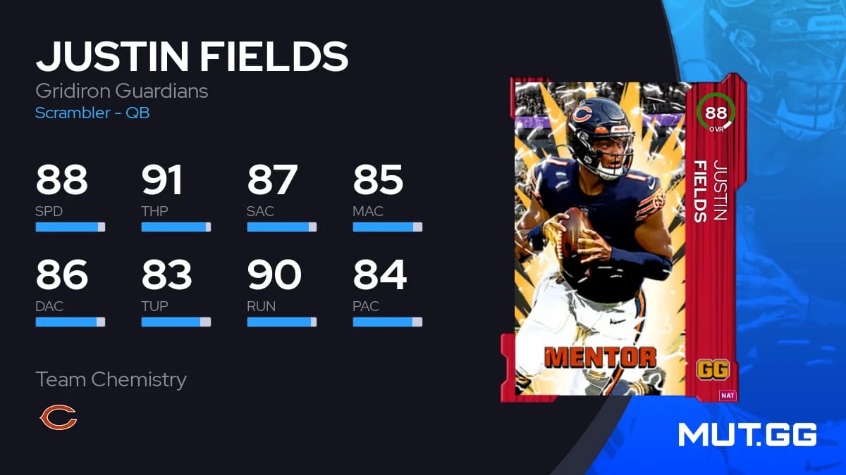 Justin Fields Gridiron Guardians 88 OVR - Madden NFL 23 - MUT.GG