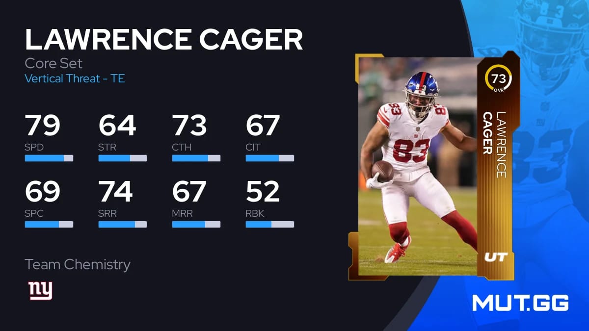 Lawrence Cager Core Set 73 OVR - Madden NFL 24 - MUT.GG