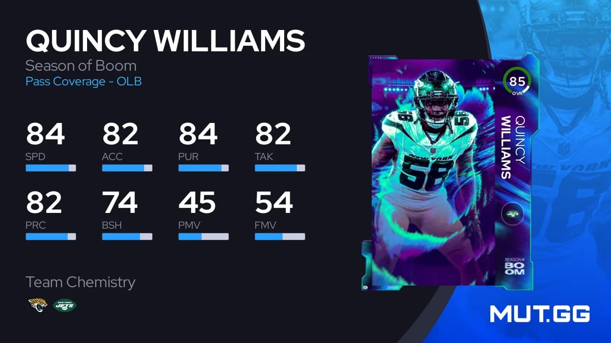 Quincy Williams Season of Boom 85 OVR - Madden NFL 25 - MUT.GG