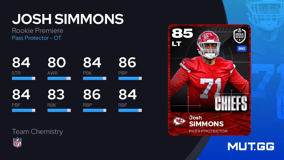 Josh Simmons Rookie Premiere 85 OVR - Madden NFL 26 - MUT.GG