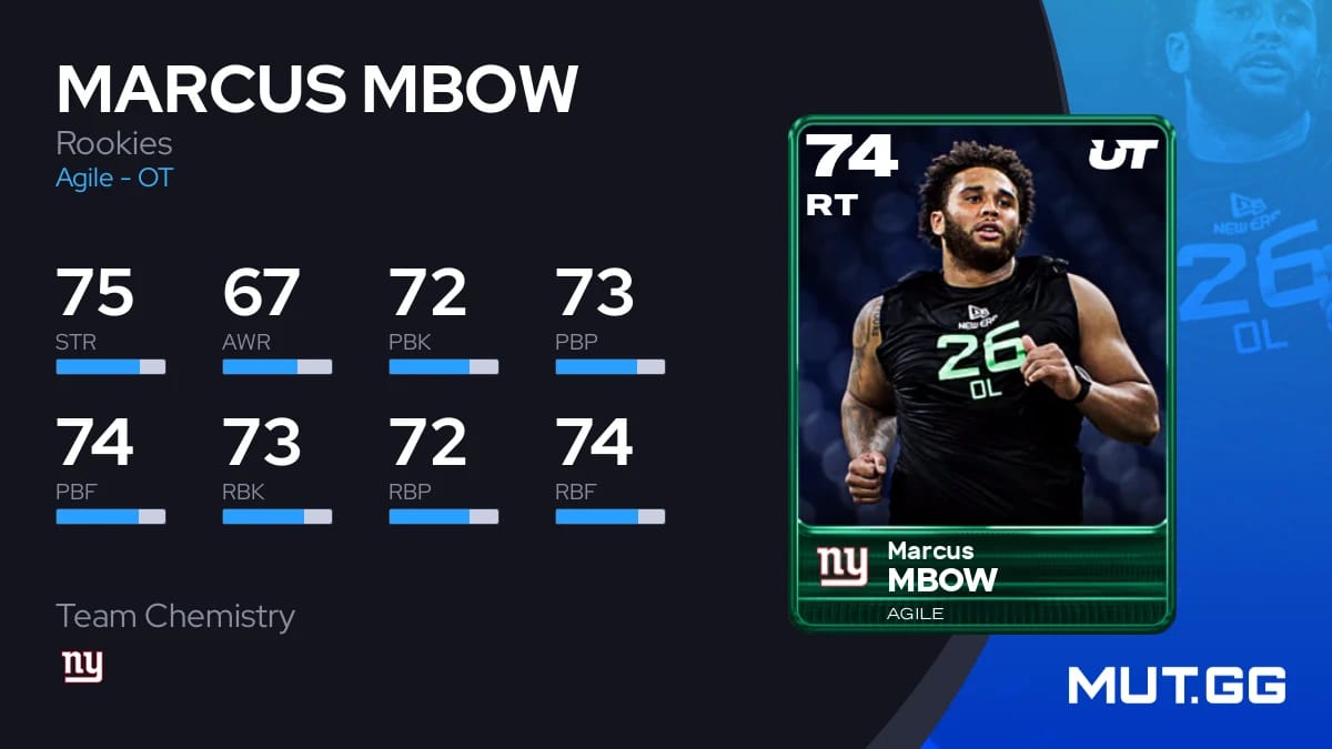 Marcus Mbow Rookies 74 OVR - Madden NFL 26 - MUT.GG