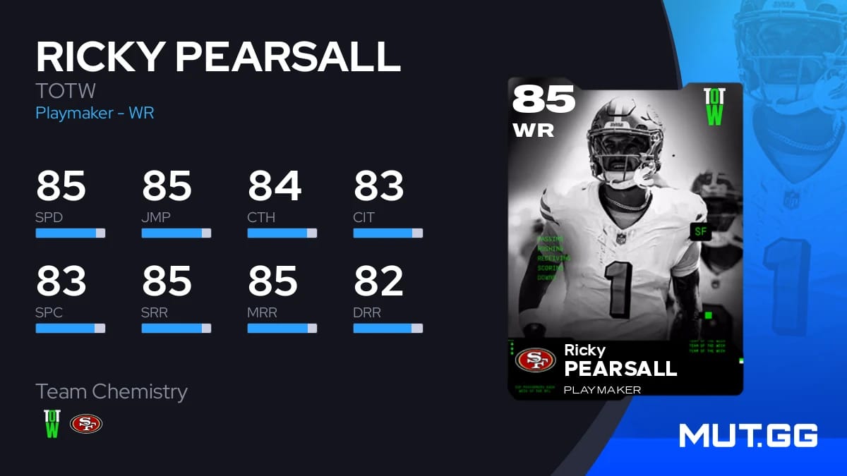 Ricky Pearsall TOTW 85 OVR - Madden NFL 26 - MUT.GG