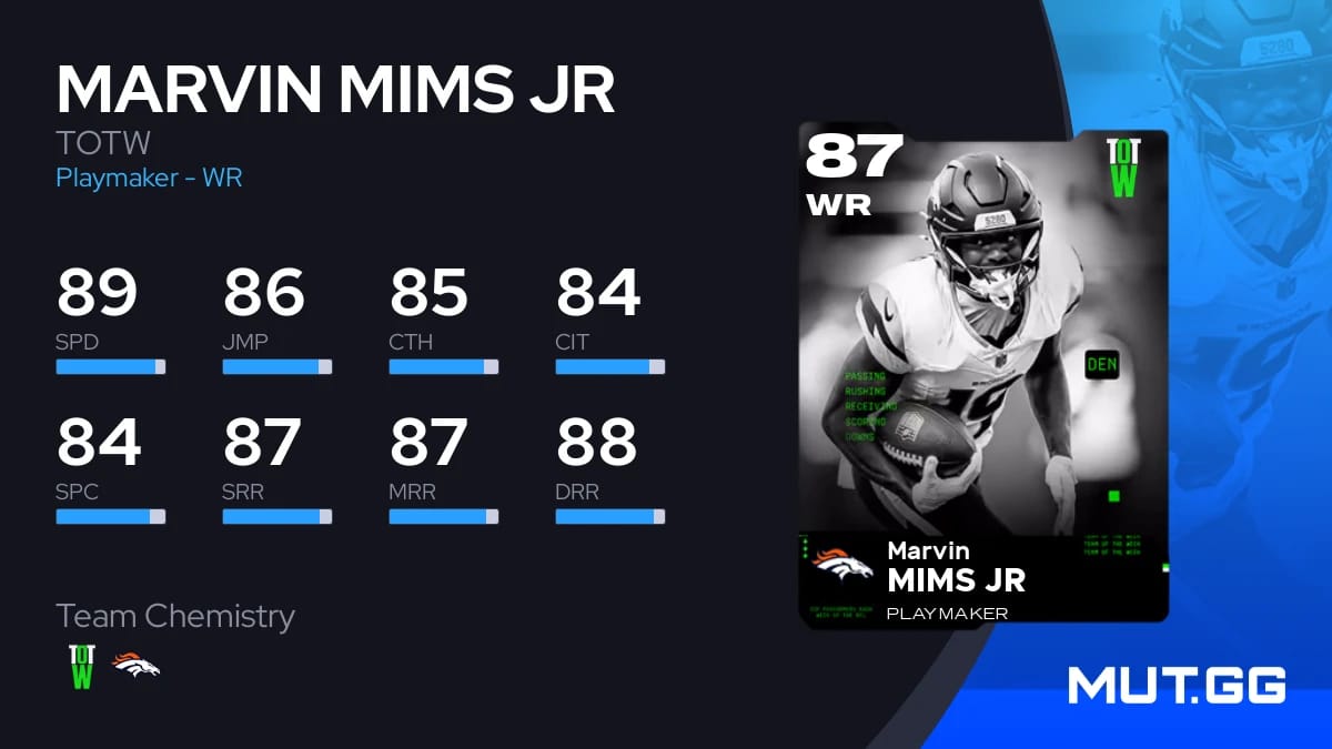 Marvin Mims Jr TOTW 87 OVR - Madden NFL 26 - MUT.GG