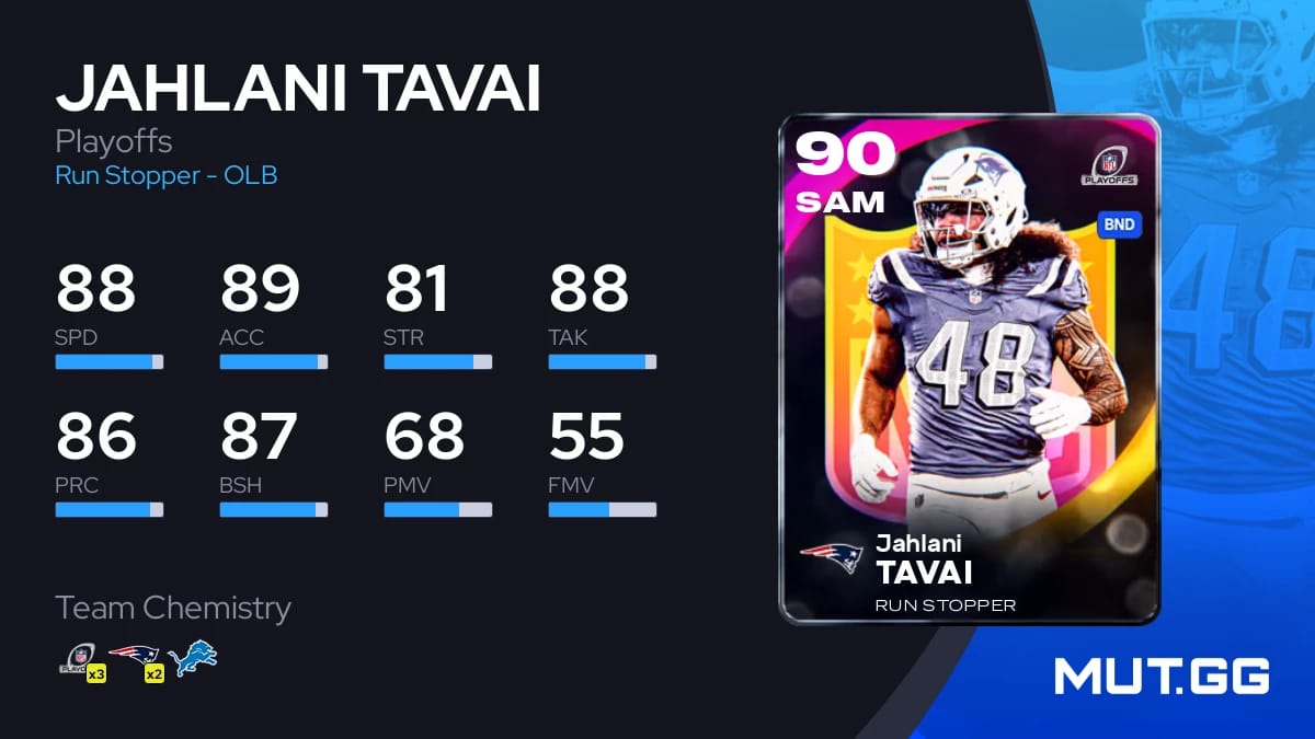 Jahlani Tavai Playoffs 85 OVR - Madden NFL 26 - MUT.GG